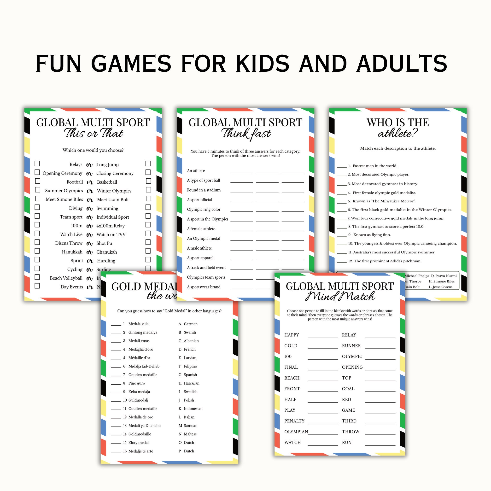 10 Summer Sports Printable Games - Global Games - USA Sports Themed ...