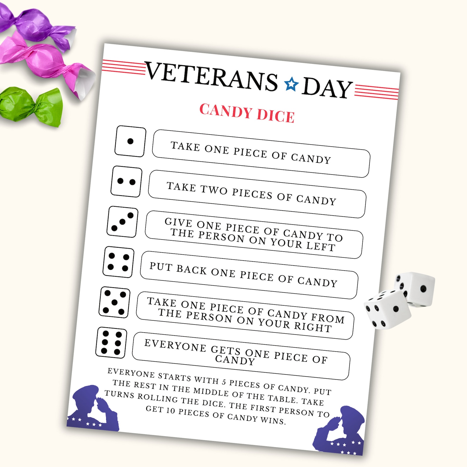 Veterans Day Candy Dice Game - Veterans Day Party Game for Kids ...