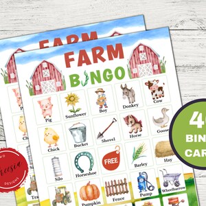 Farm Bingo Game for Kids and Adult - Barnyard Birthday - 40 Bingo Cards ...