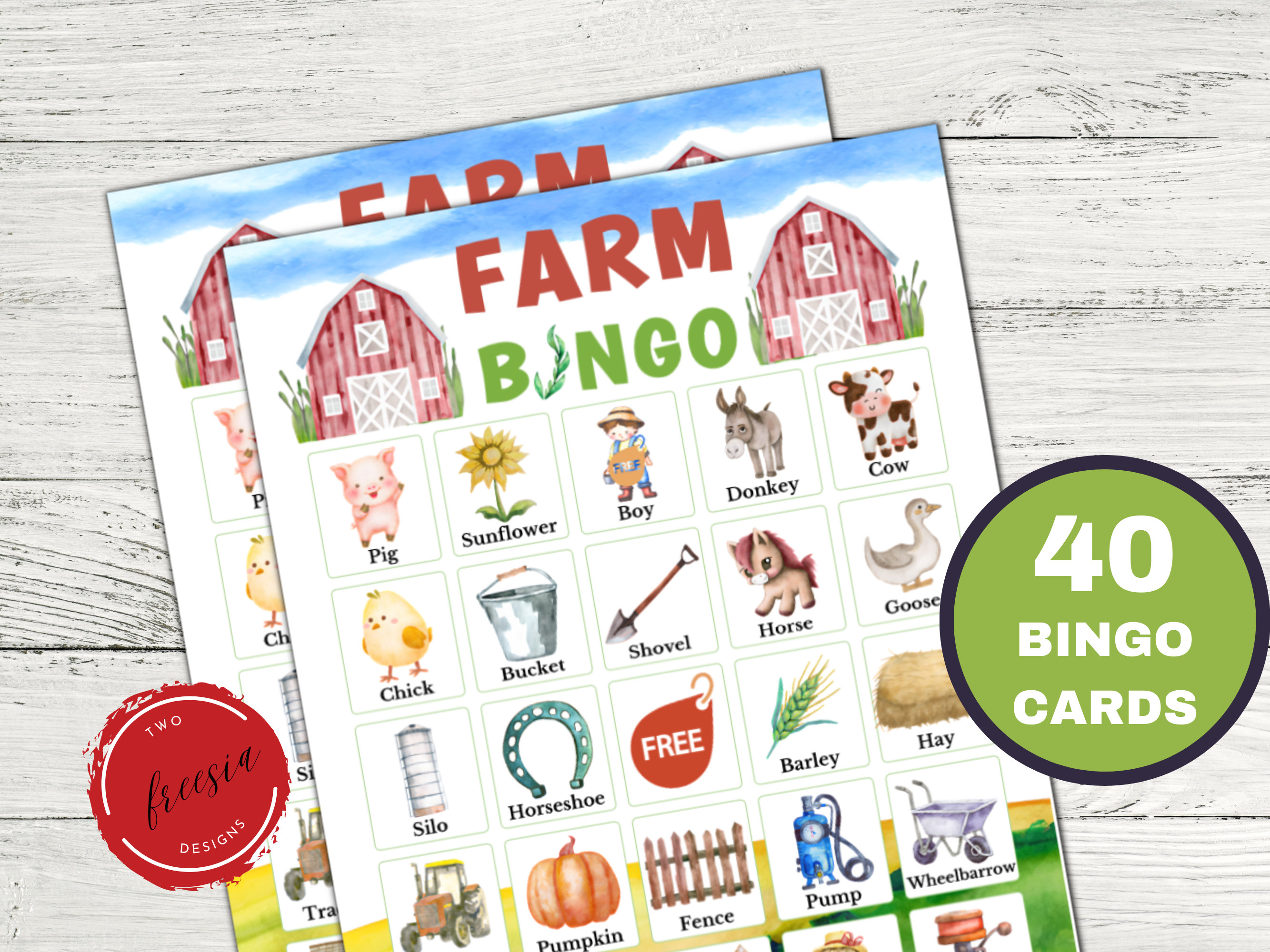 Farm Bingo Game for Kids and Adult - Barnyard Birthday - 40 Bingo Cards ...