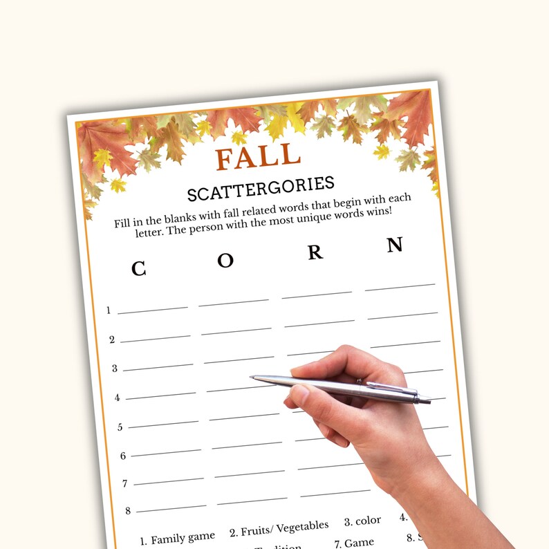 Fall Scattergories Game Printable Autumn Game Fun Fall Time Activities ...