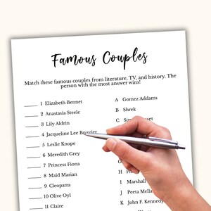 Famous Couple Match Bridal Shower Game - Printable Couples Bridal Party ...