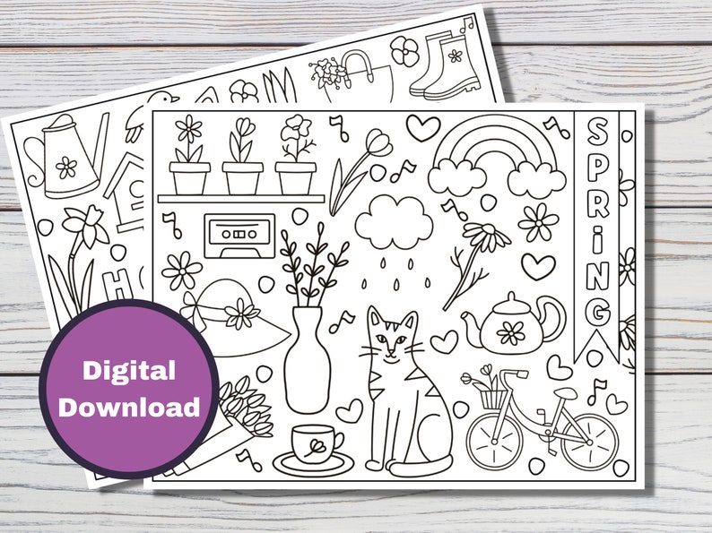 Printable Spring Doodle Coloring Pages Placemat Activity Sheet for Kids ...