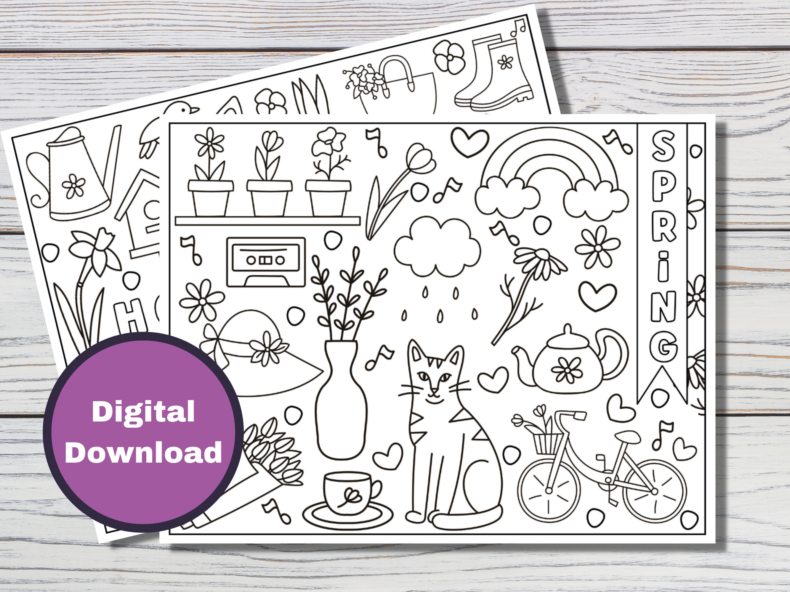 Printable Spring Doodle Coloring Pages Placemat Activity Sheet for Kids ...