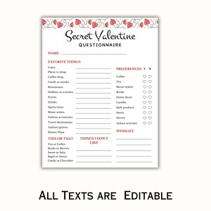 Secret Valentine Survey Questionnaire - Editable Valentine's Day Gift ...