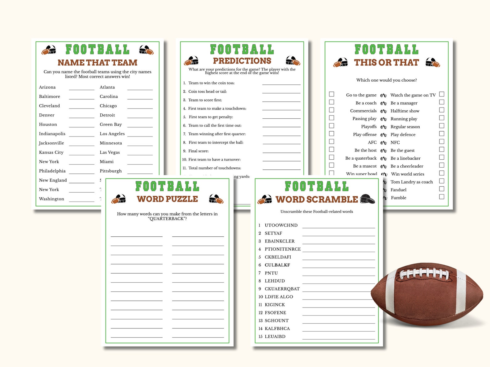 Football Game Bundle 15 Printable Football Party Games Pack Football ...