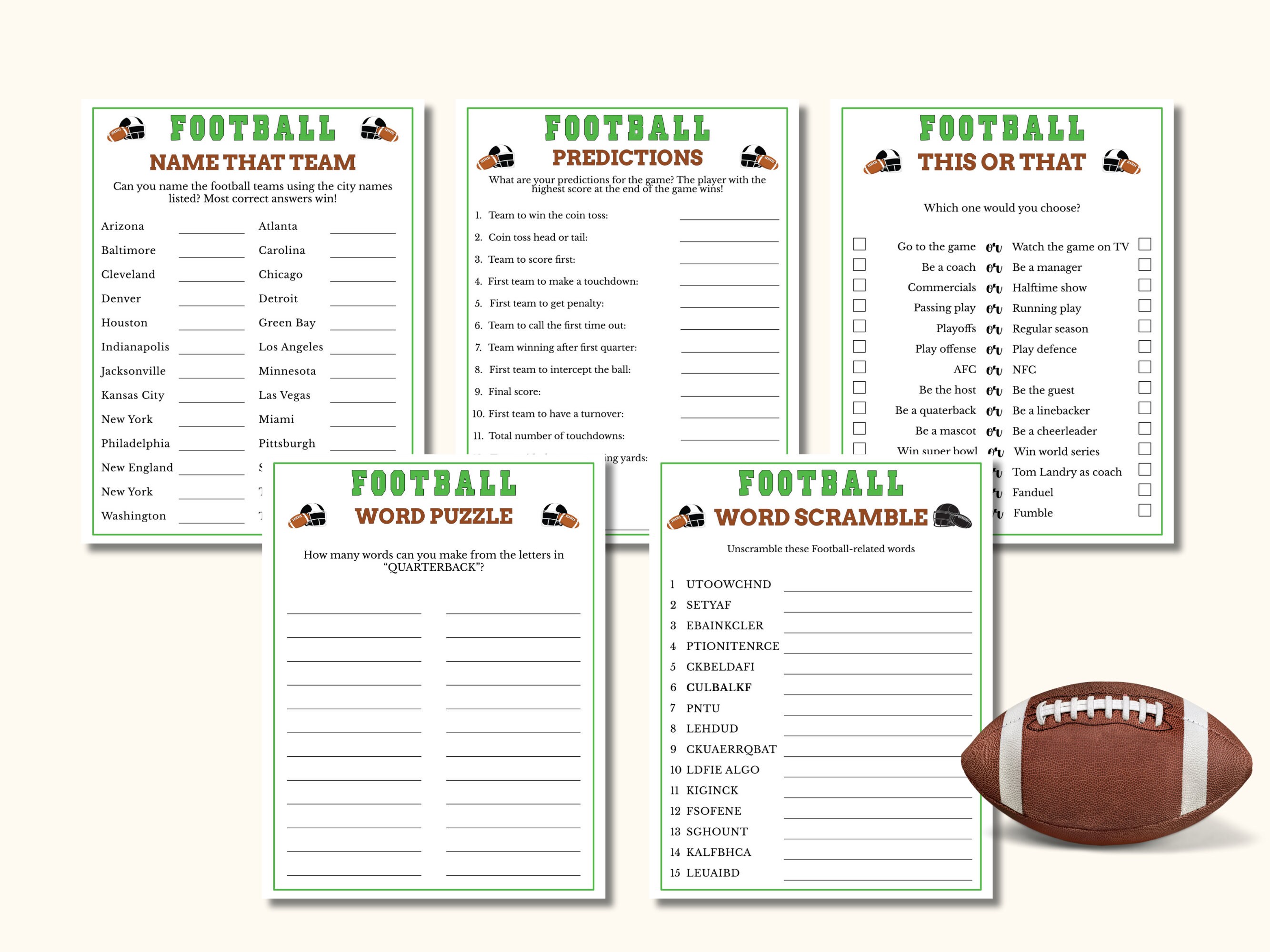 Football Game Bundle 15 Printable Football Party Games Pack Football ...