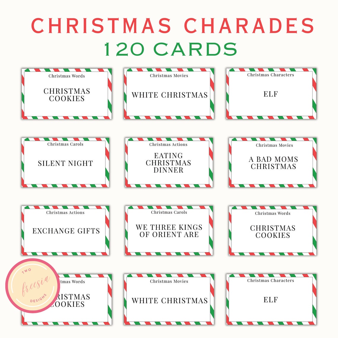 Christmas Charades - 120 Printable Christmas Charades Cards - Christmas ...