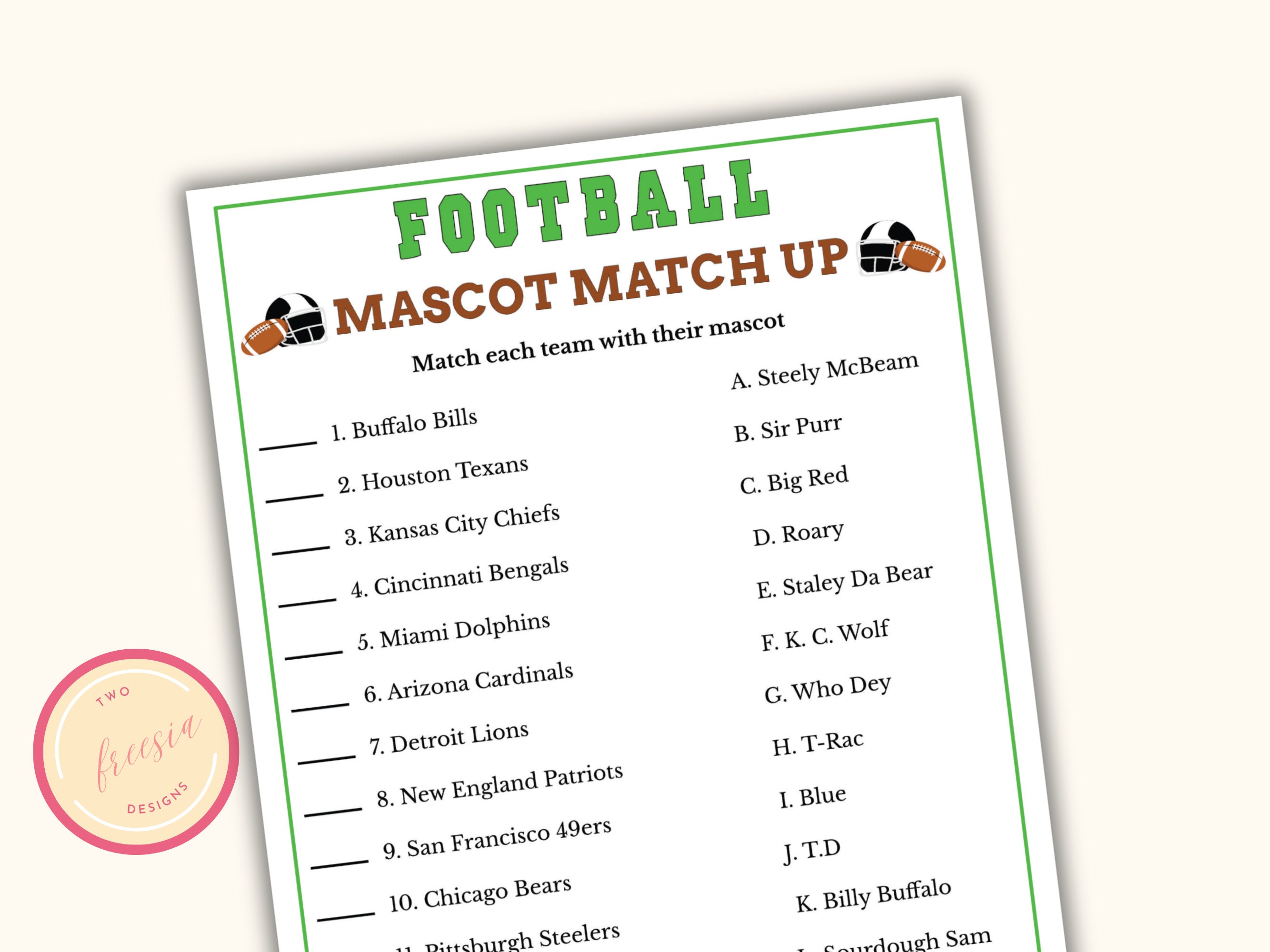 Football Mascot Match up Game - Printable Football Party Game ...