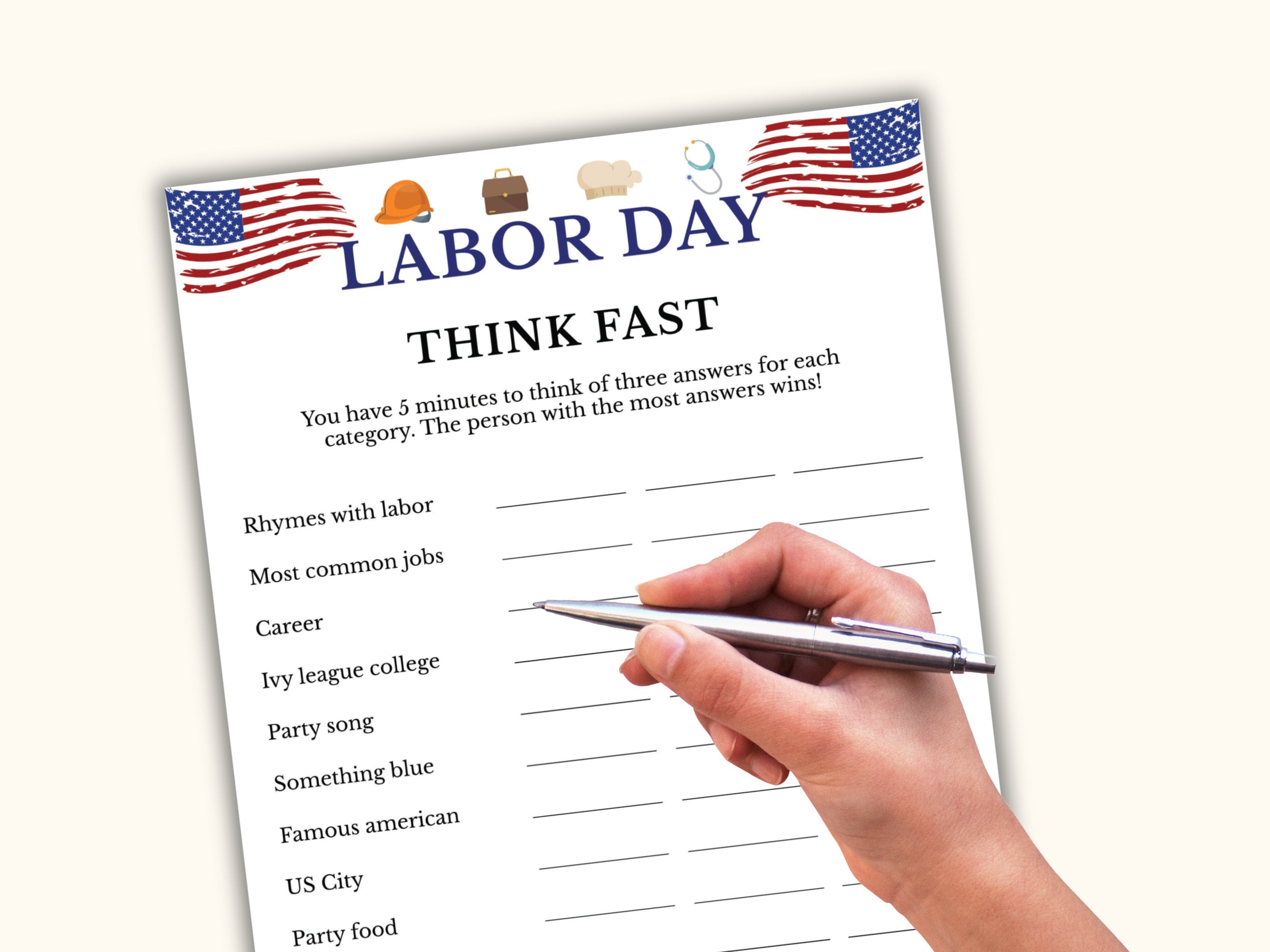 Think Fast Game - Printable Labor Day Party Game and Activity ...