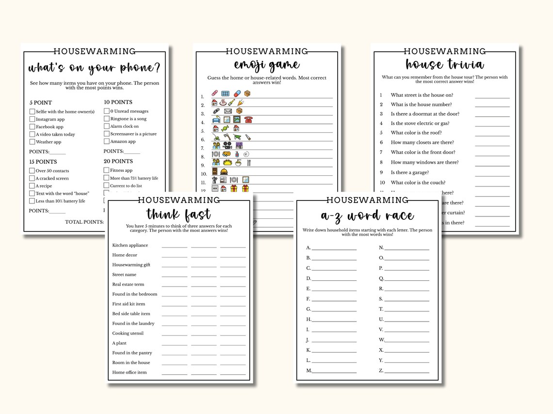 Housewarming Party Games Printable Housewarming Game Bundle ...