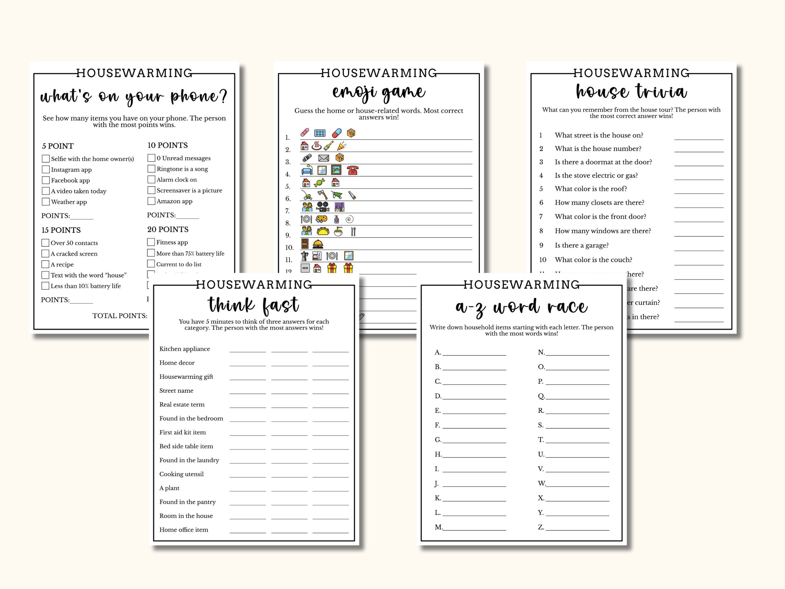 Housewarming Party Games - Printable Housewarming Game Bundle ...