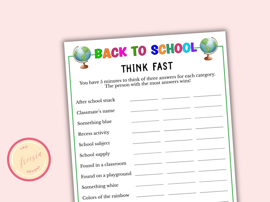 Back to School Think Fast Game - Printable Back to School Game - First ...