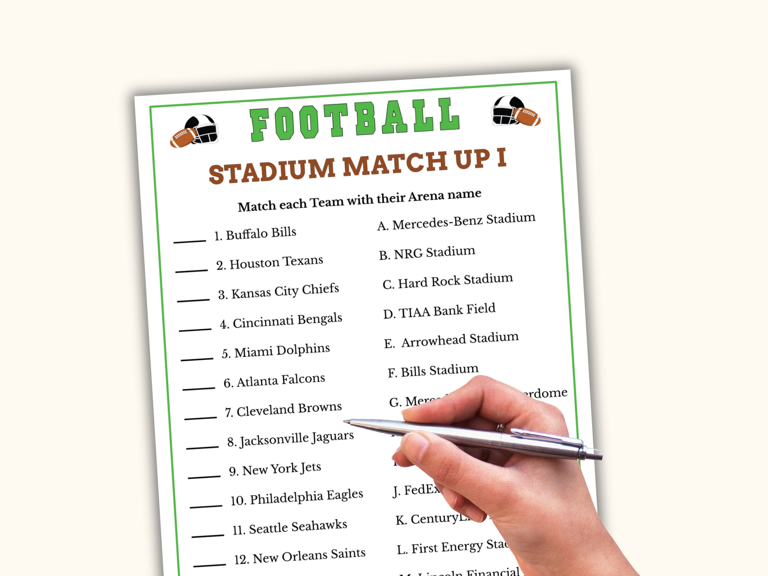 Stadium Match up Game - Printable Football Party Game - Football Party ...