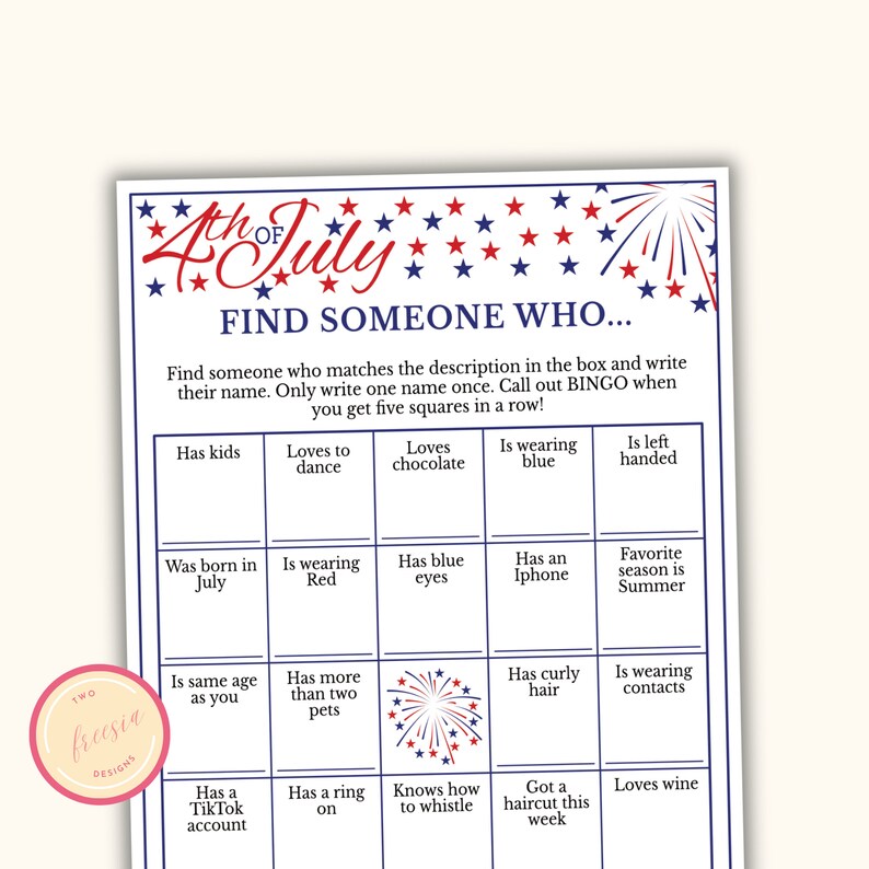 Find Someone Who Bingo Game - Printable Fourth of July Game ...