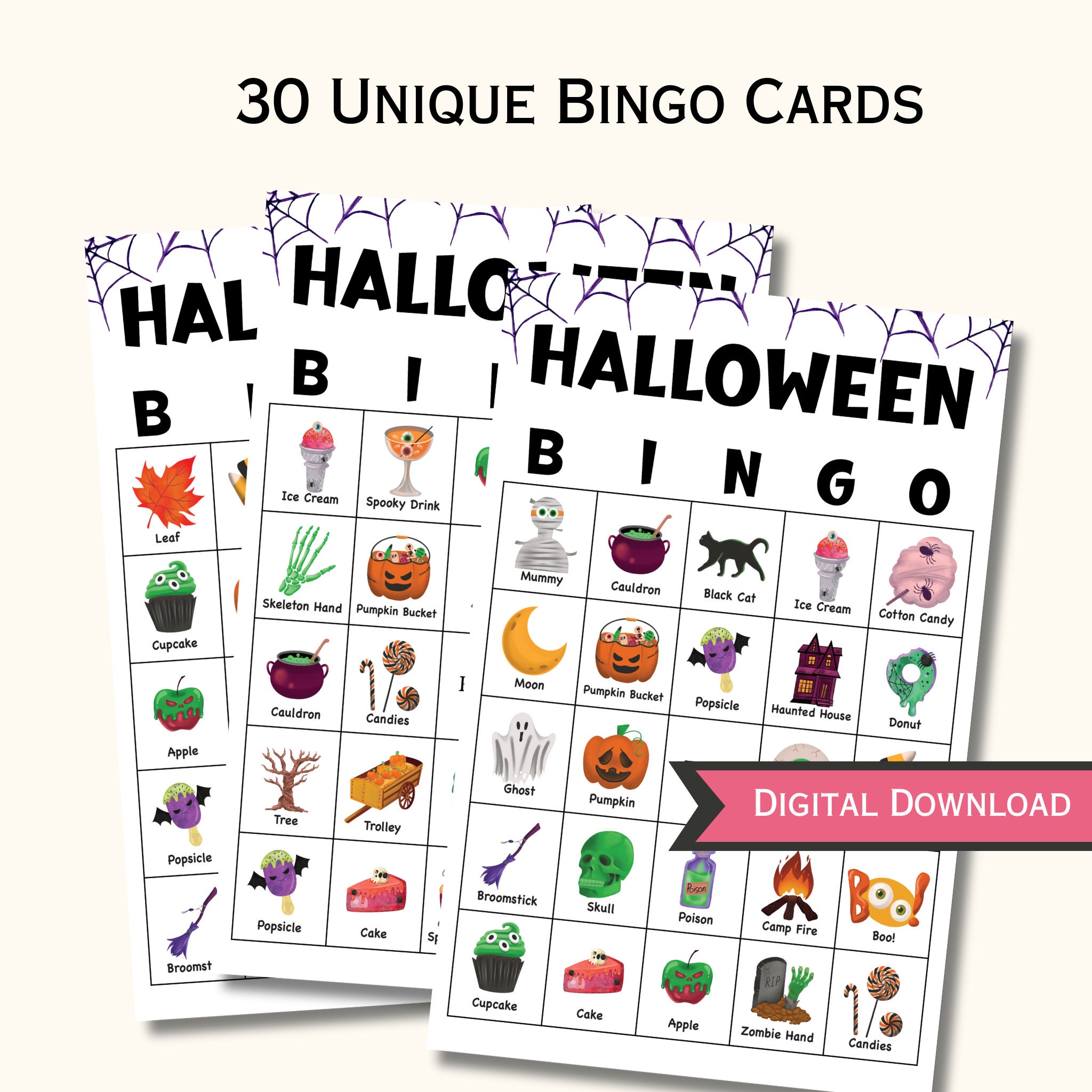 30 Bingo Halloween Cards - Printable Bingo Game for Kids, Teens or ...
