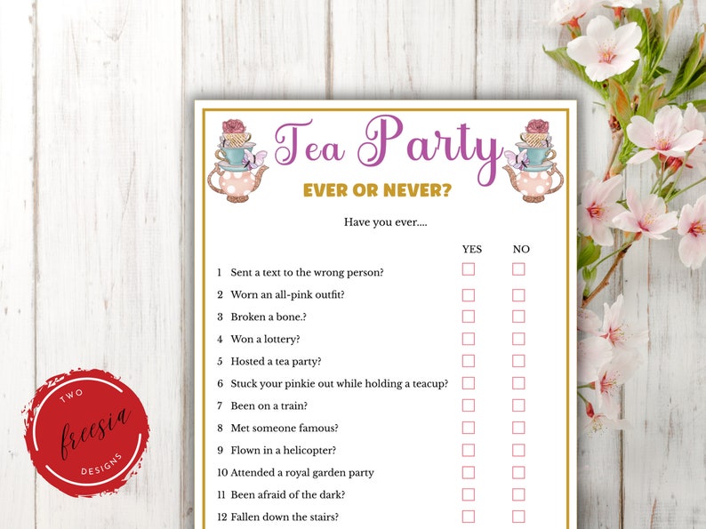 Never or Ever - Printable Tea Party Games for Birthdays, Bridal Shower ...