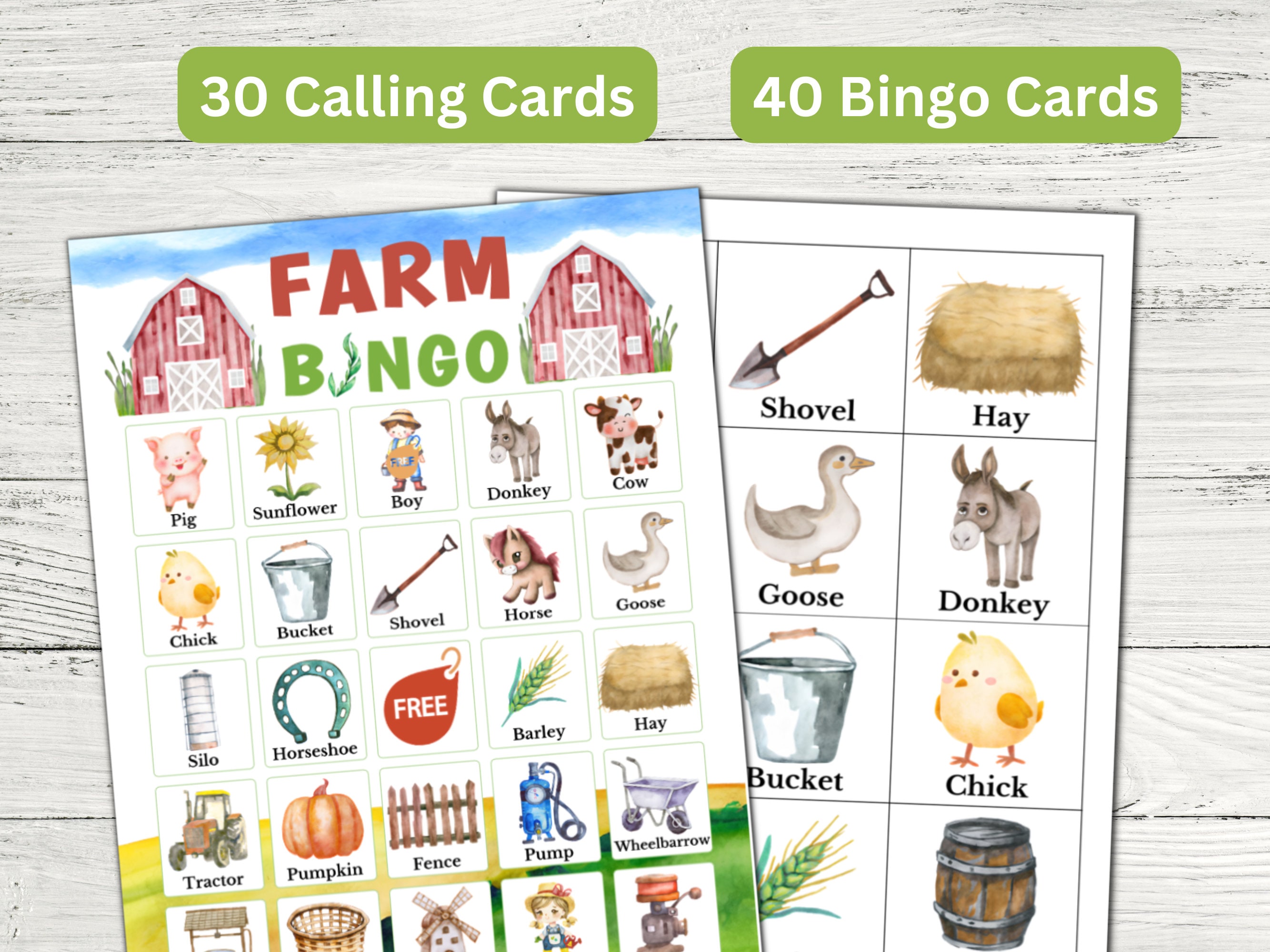 Farm Bingo Game for Kids and Adult - Barnyard Birthday - 40 Bingo Cards ...