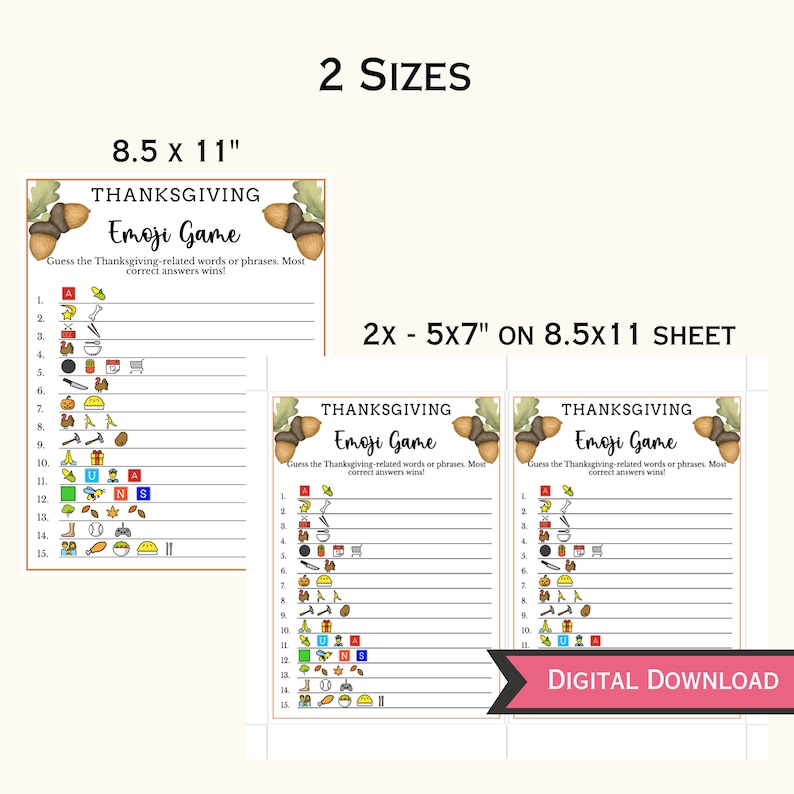 Thanksgiving Emoji Game - Printable Thanksgiving Party Game for Kids ...