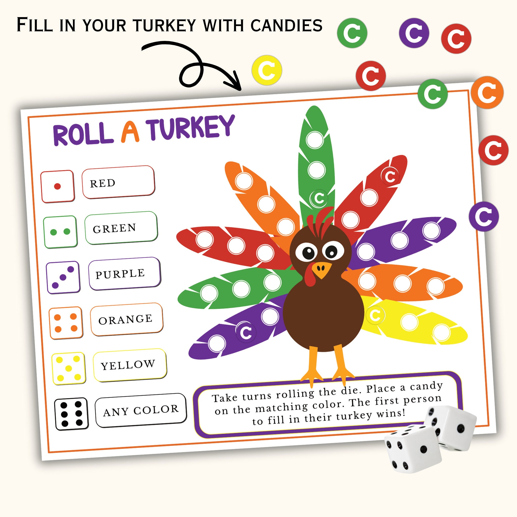Roll a Turkey Dice Game - Printable Thanksgiving Game - Fall Activity ...