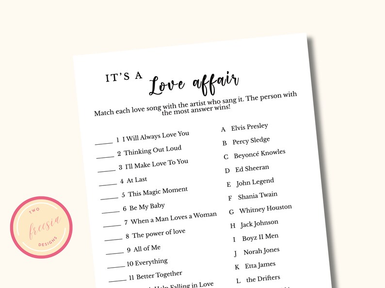 Love Song Trivia Game - Printable Couples Bridal Party Games - Joint ...