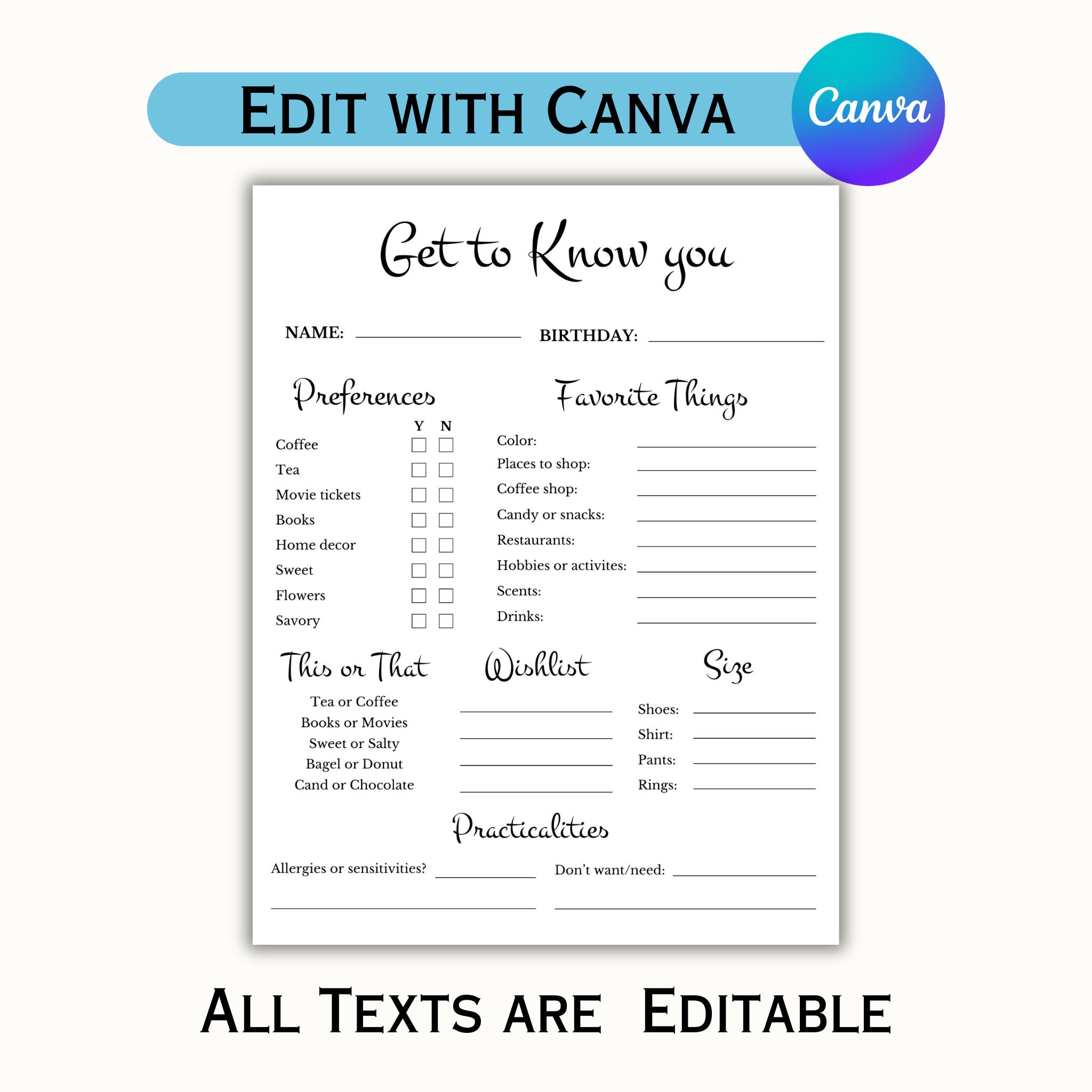 Editable Get to Know You Questionnaire Template All About Me Survey ...