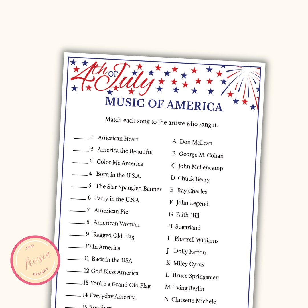 Music of America Trivia Game - Printable Fourth of July Game ...