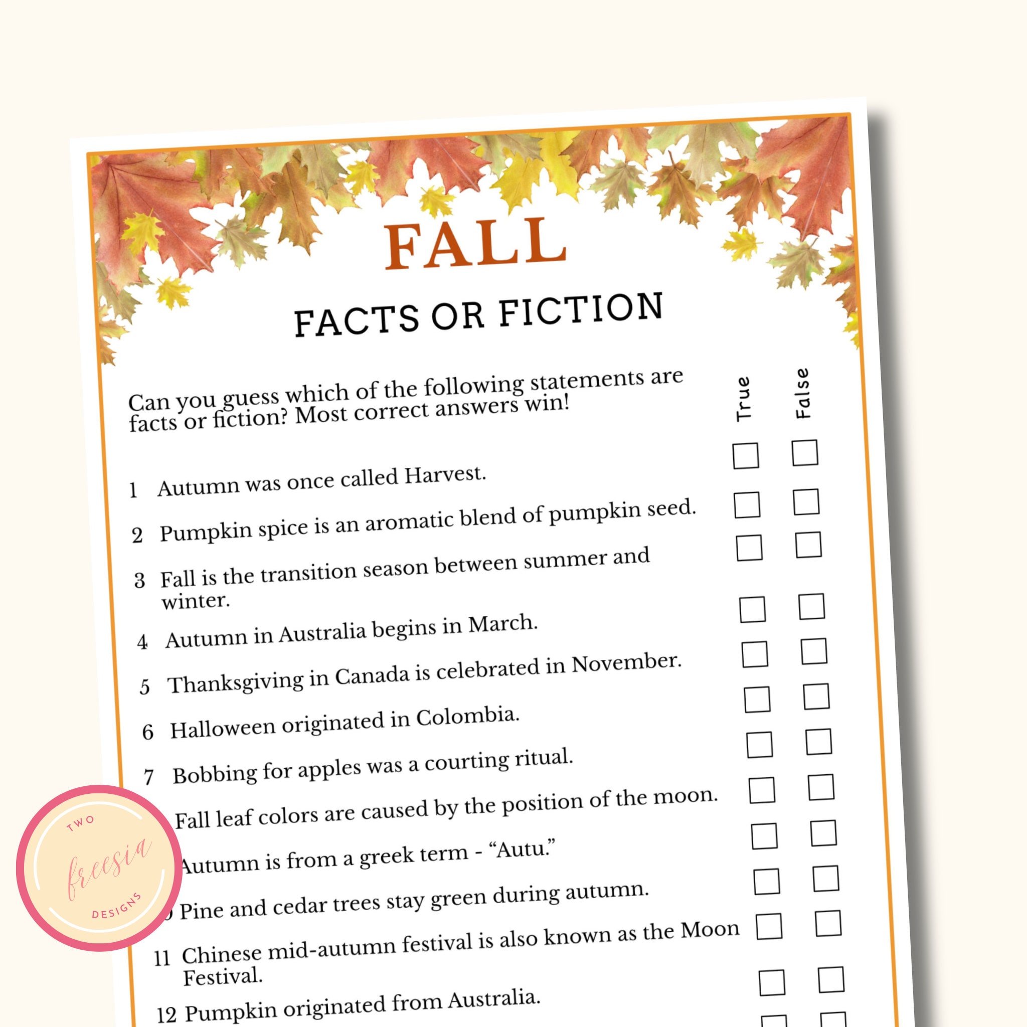Facts or Fiction Game - Printable Autumn Game - Fun Fall Time ...