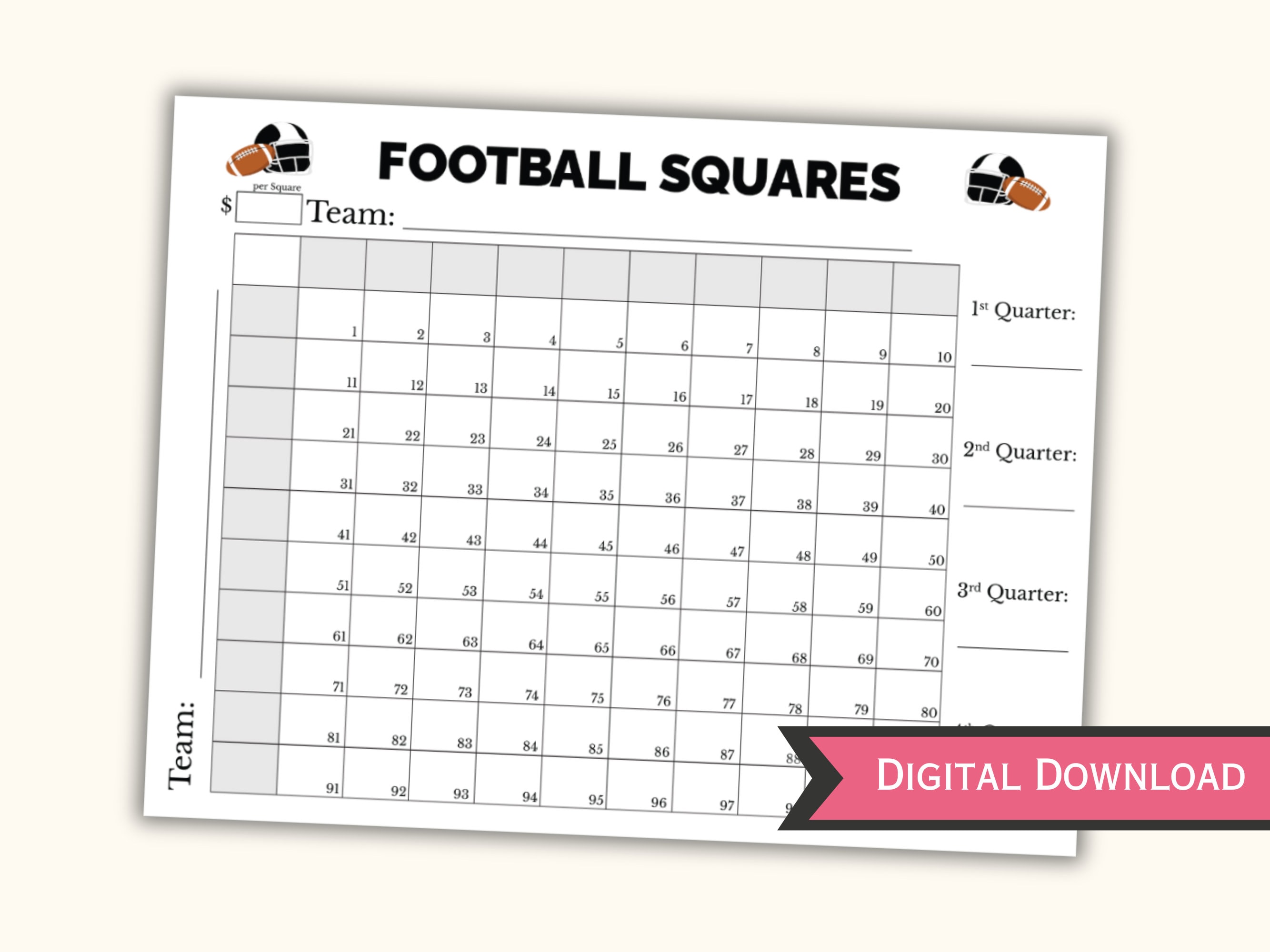 Football Squares - Printable Football Party Games for Football Game ...