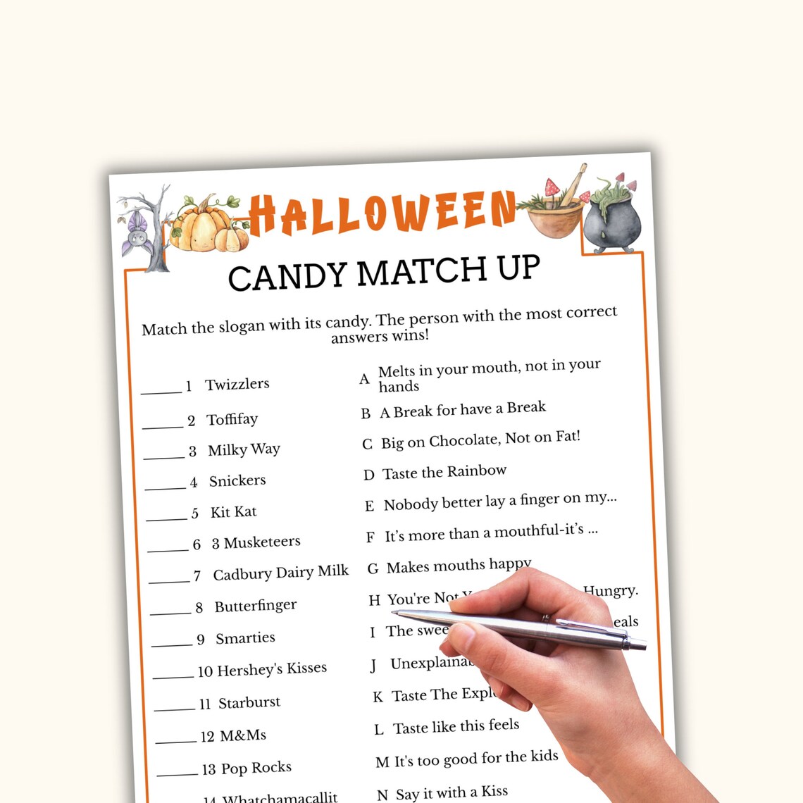 Candy Match up Game - Printable Halloween Party Game for Teens and ...