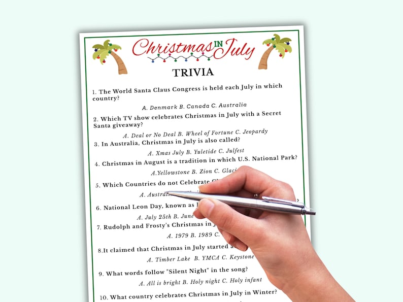 Christmas in July Trivia Game - Printable Christmas in July Game for ...