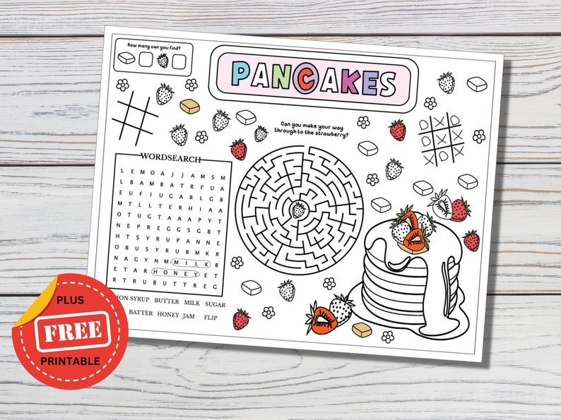 Pancakes Activity and Coloring Placemat - Party Games Sheet for Kids ...