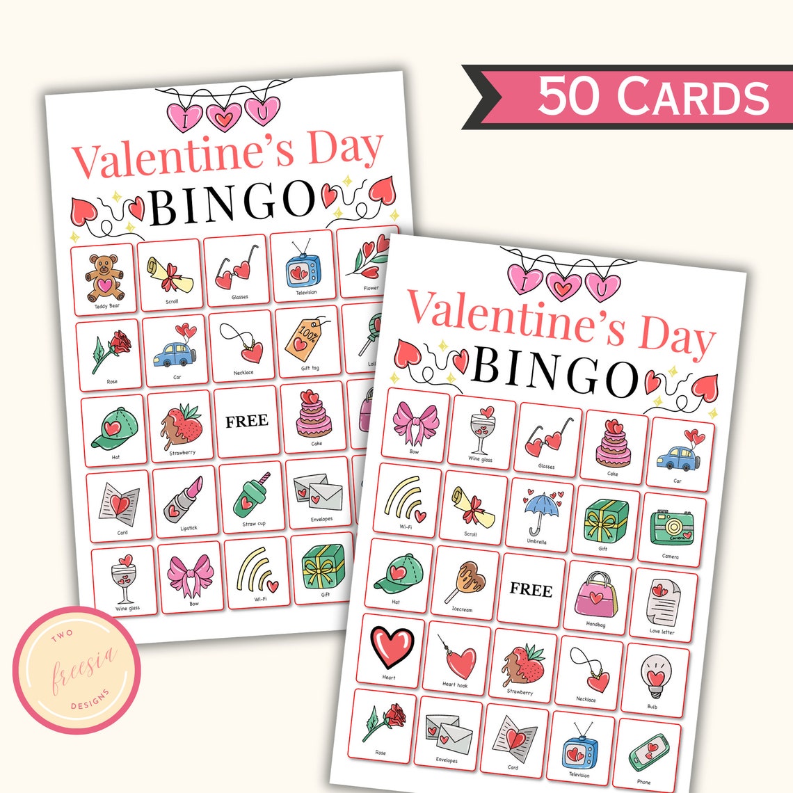 50 Bingo Valentine's Day Bingo Cards - Printable Bingo Game for Kids ...
