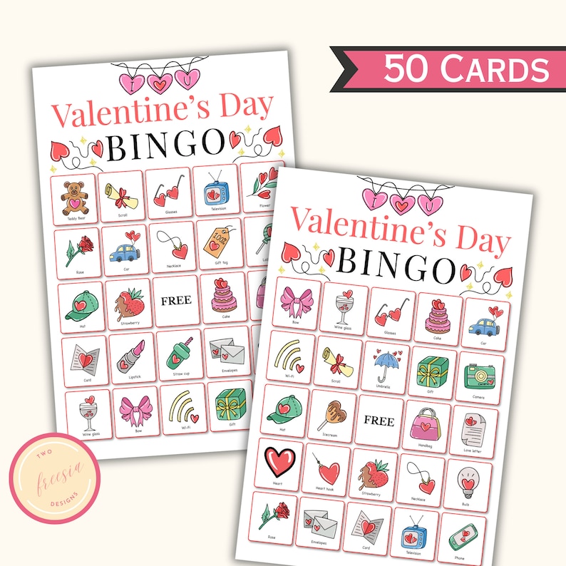 50 Bingo Valentine's Day Bingo Cards - Printable Bingo Game for Kids ...