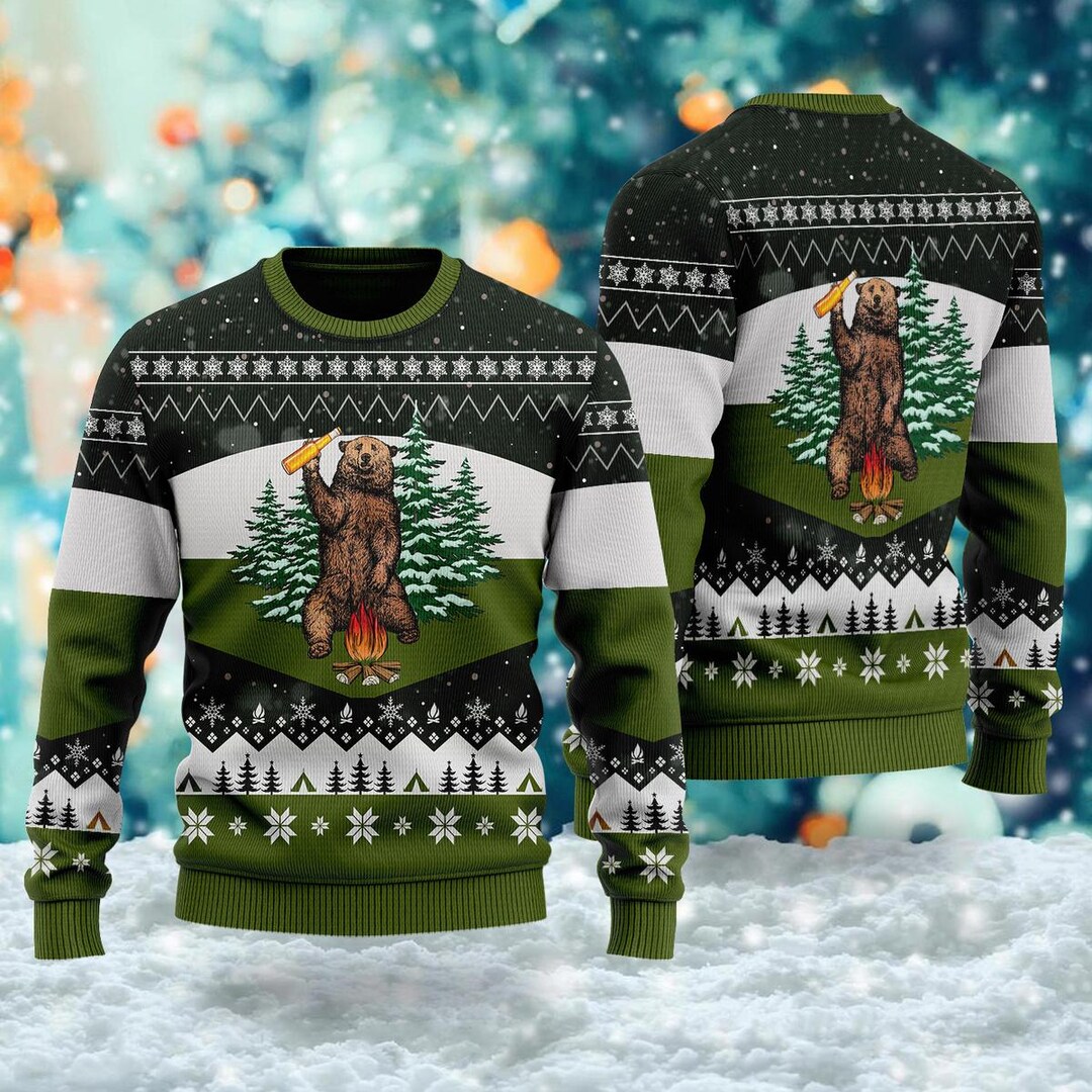 Bear Drinking Beer Campfire 3D Ugly Christmas Sweater, Camping Bear ...