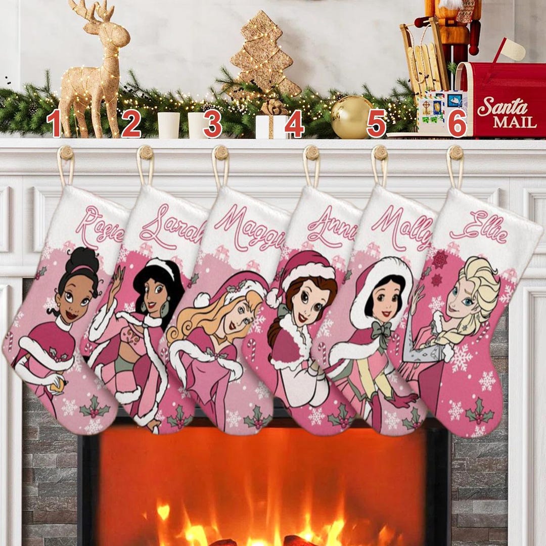 Personalized Princess Movie Xmas Stocking, Princess Santa Hat Christmas ...