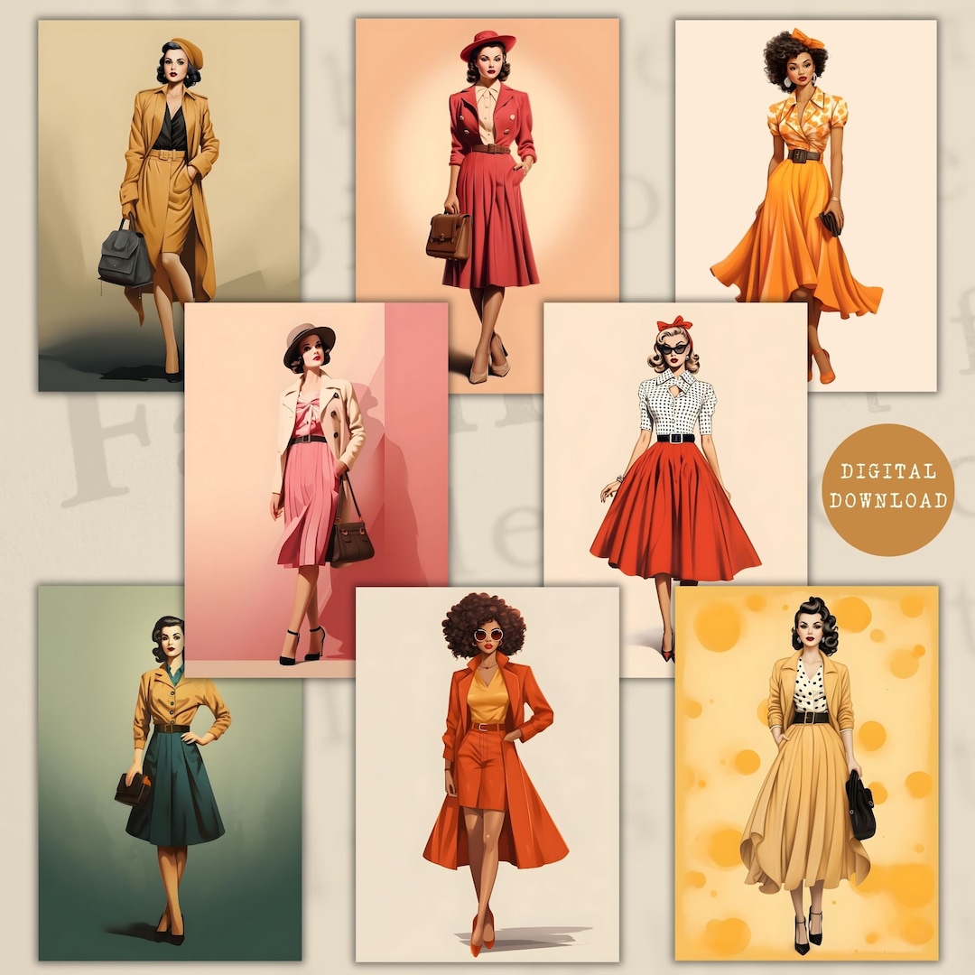 Retro Fashion Journal Cards, Retro Outfits Collage Sheet, Printable ...