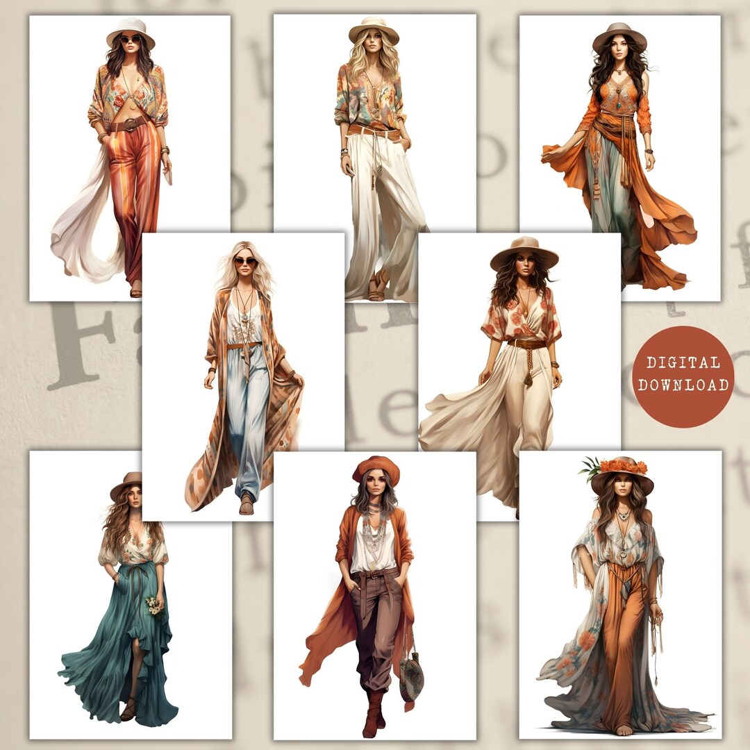 Boho Fashion, Printable Boho Outfits, Junk Journal Scrapbook Supplies ...