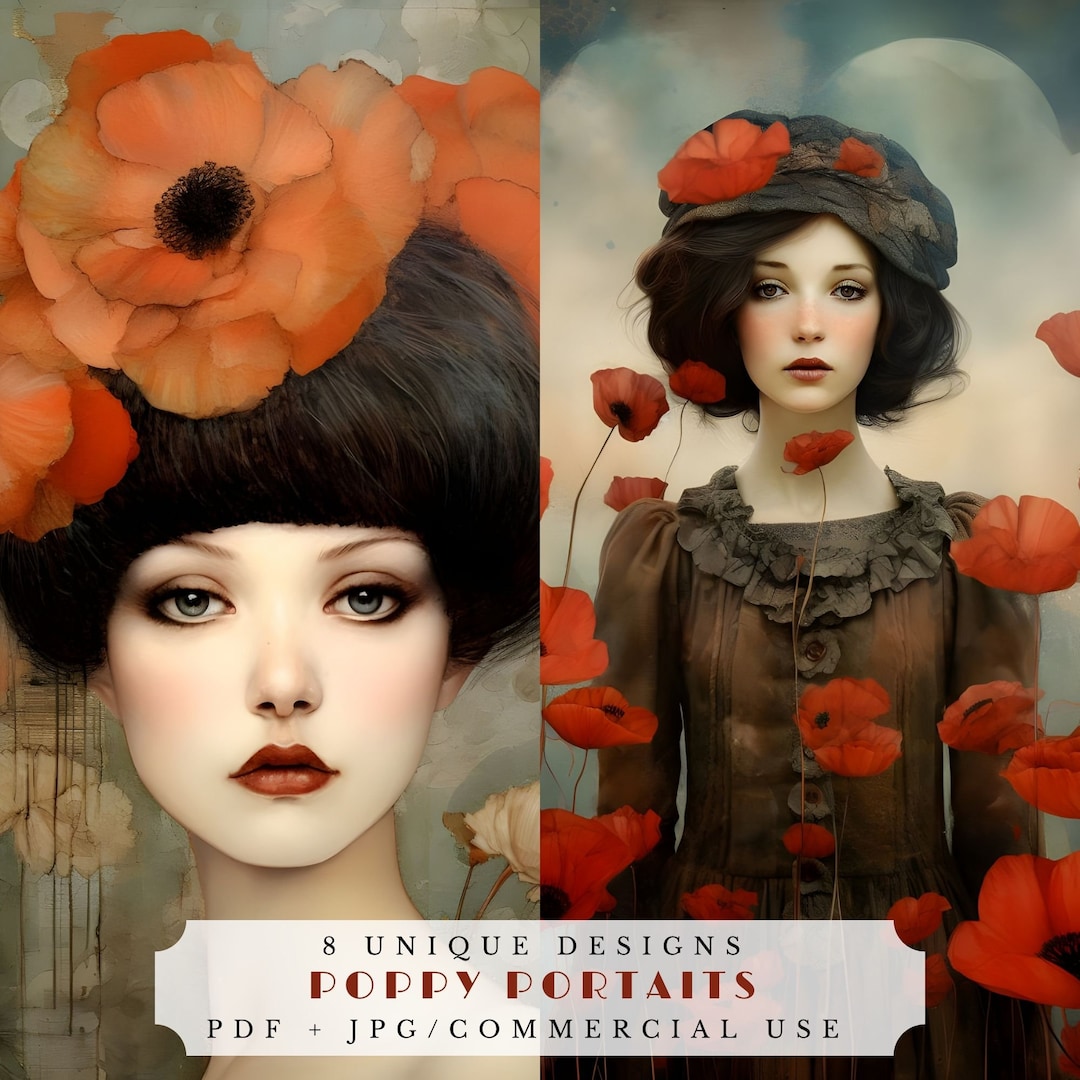 Poppy Portraits, Floral Junk Journal Cards, Surreal Poppies Digital ...