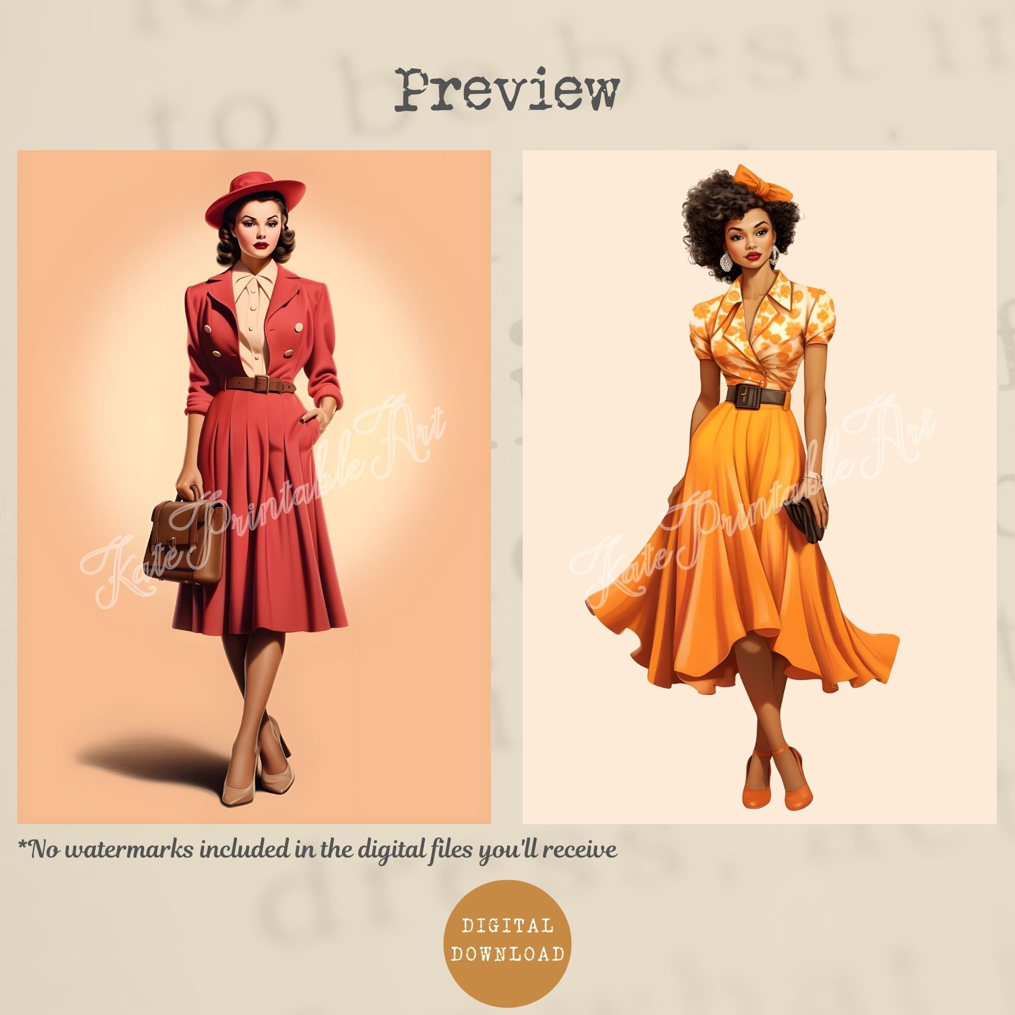 Retro Fashion Journal Cards, Retro Outfits Collage Sheet, Printable ...