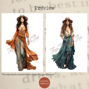 Boho Fashion, Printable Boho Outfits, Junk Journal Scrapbook Supplies ...