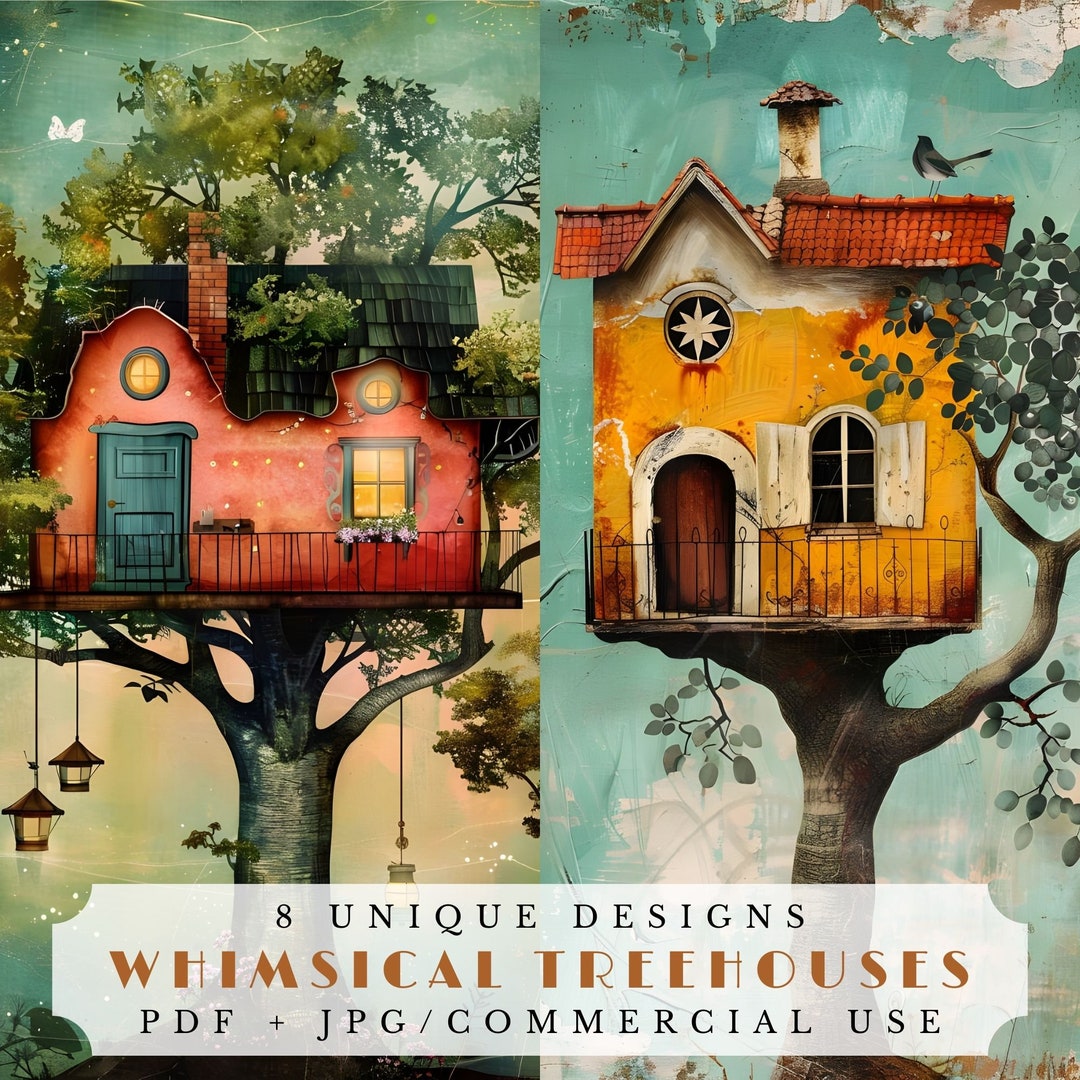 Whimsical Treehouses, Quirky Junk Journal Pages, Digital Collage Sheet ...