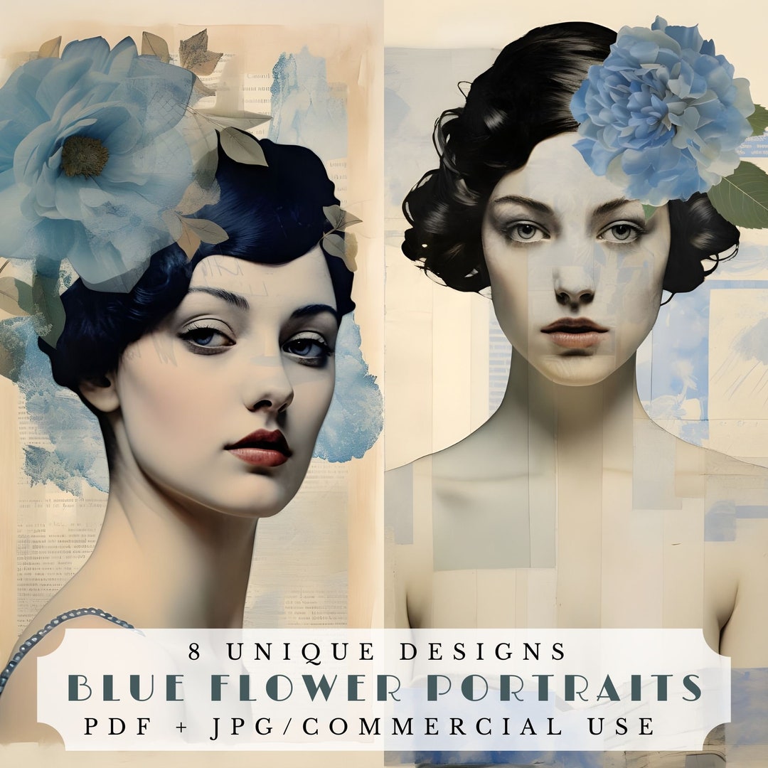 Blue Flower Portraits, Printable Junk Journal Pages, Digital Papers for ...