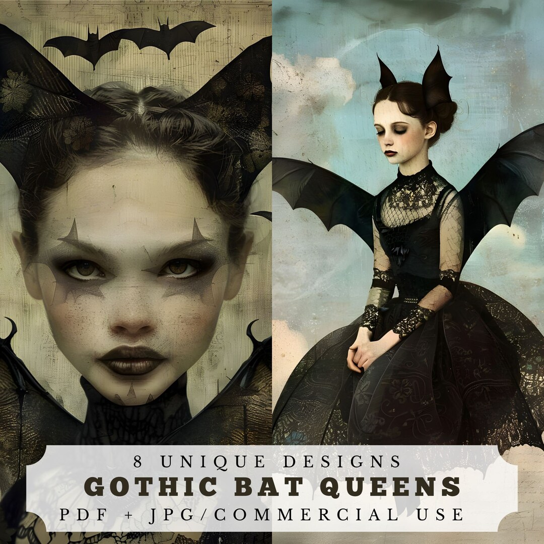 Gothic Bat Queens, Surreal Junk Journal Kit, Bat Digital Papers, Dark ...