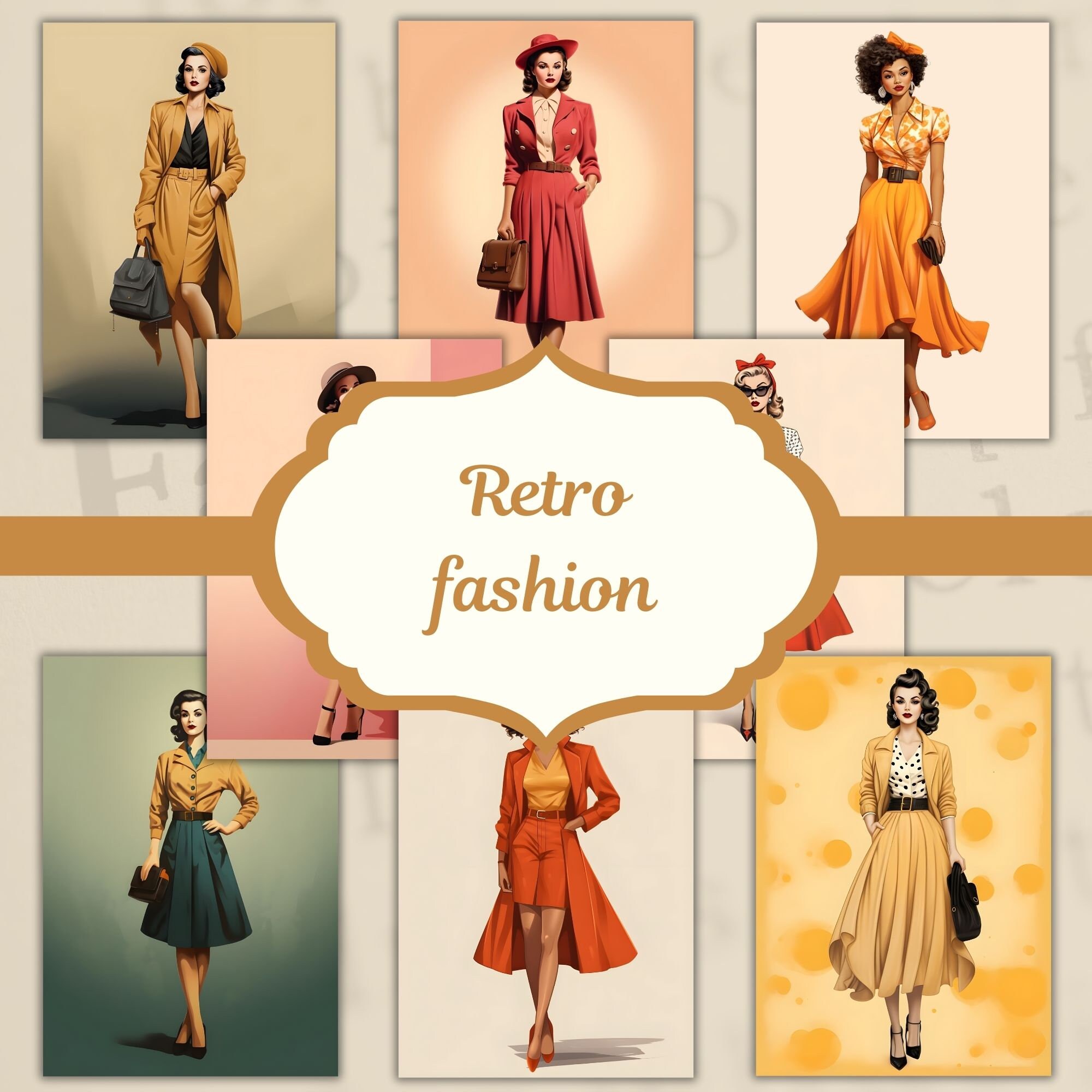 Retro Fashion Journal Cards, Retro Outfits Collage Sheet, Printable ...