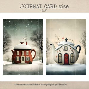 Winter Teapot Houses, Whimsical Christmas Junk Journal Papers, Digital ...