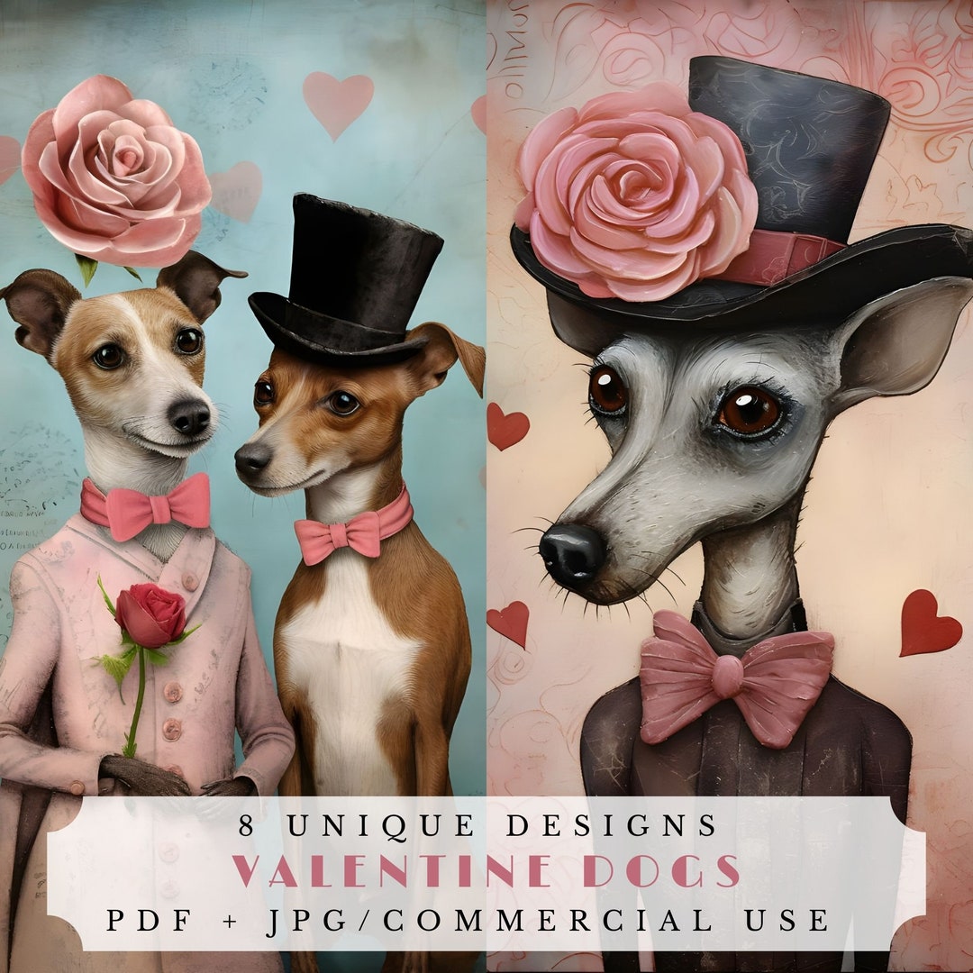 Valentine Dogs, Valentine's Day Junk Journal Pages, Printable Ephemera ...