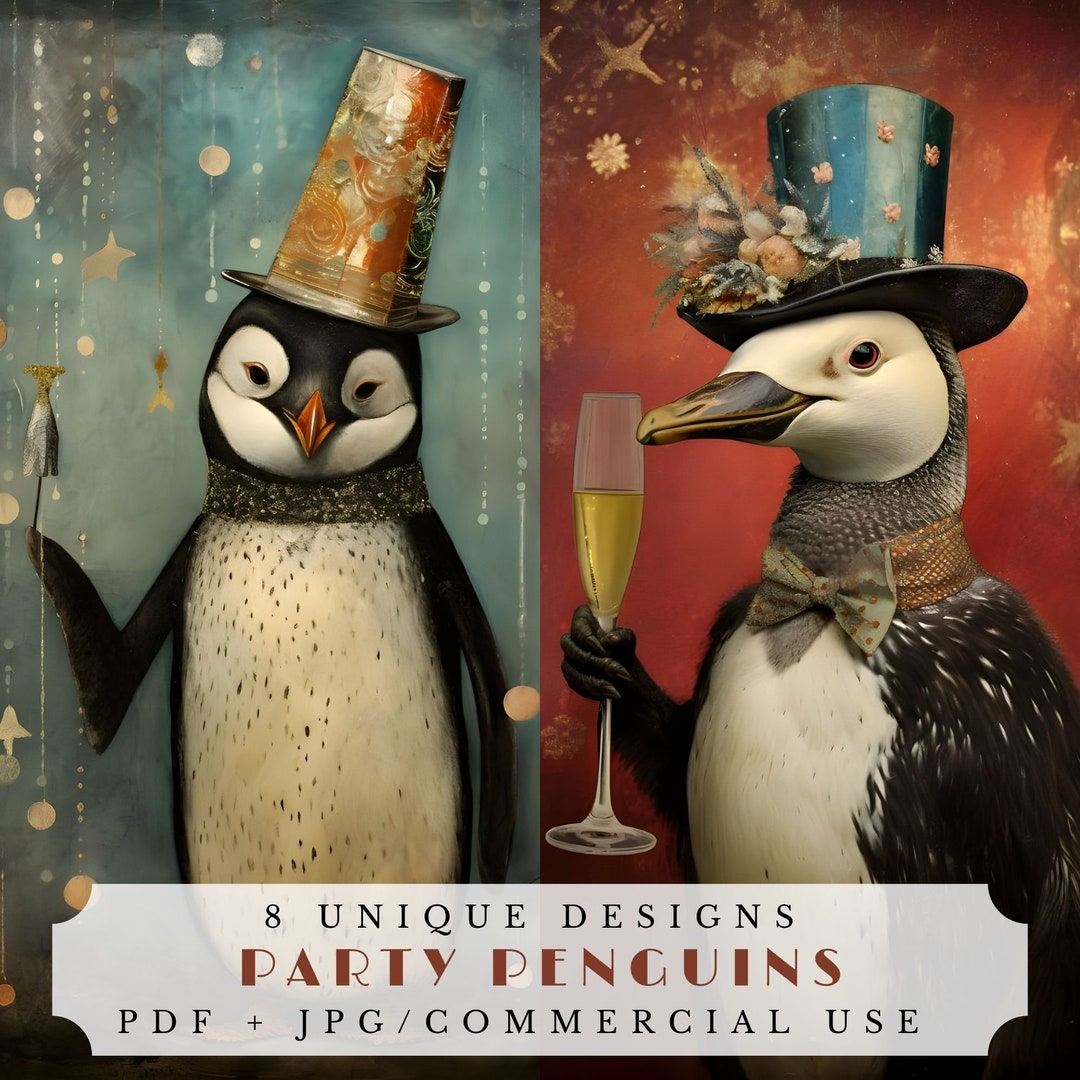 Party Penguins, New Year's Eve Junk Journal Papers, Collage Printables ...