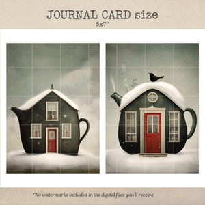 Winter Teapot Houses, Whimsical Christmas Junk Journal Papers, Digital ...