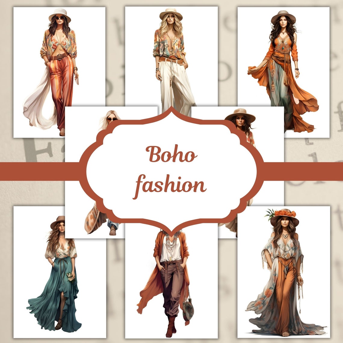 Boho Fashion, Printable Boho Outfits, Junk Journal Scrapbook Supplies ...